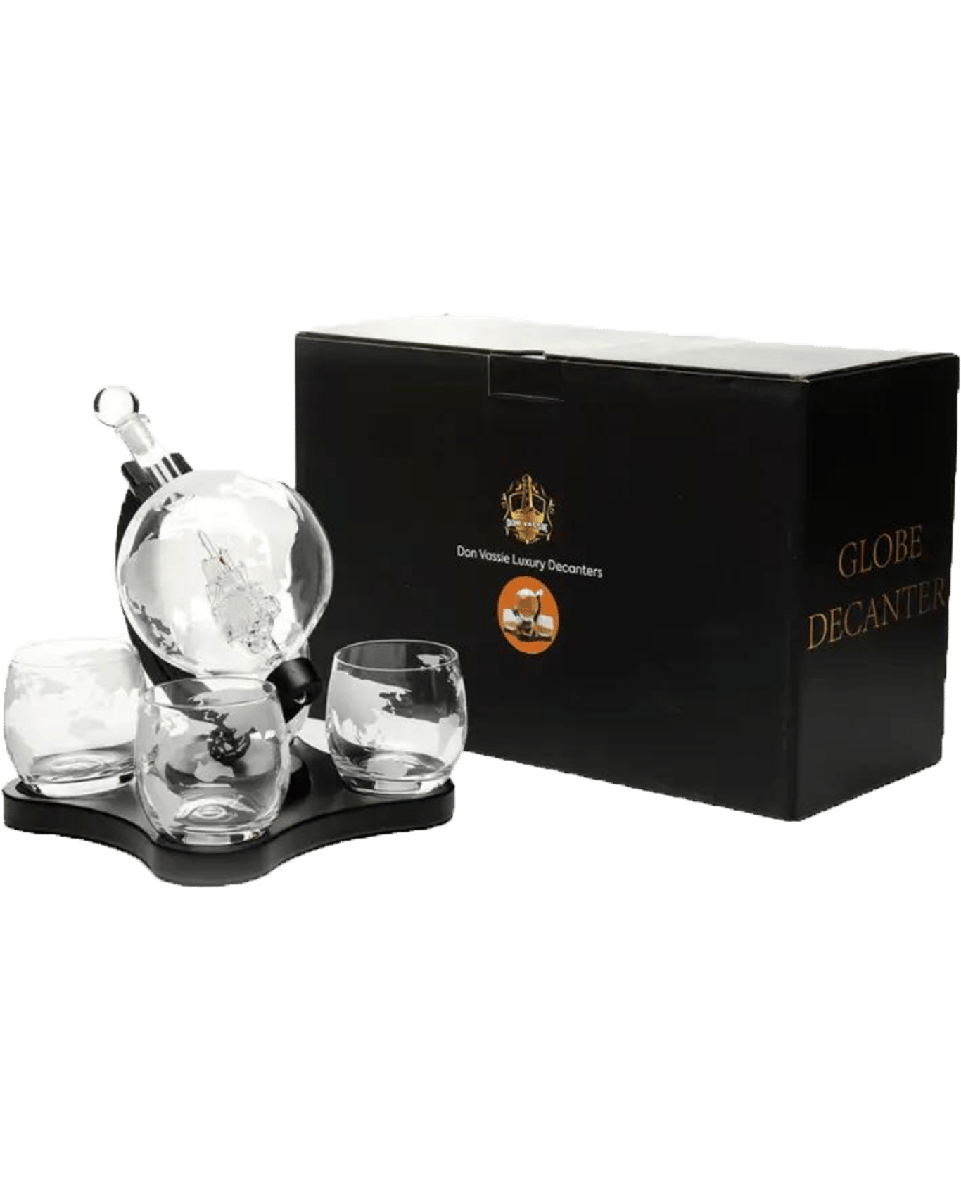 Buy Don Vassie Globe Decanter With 4 Glasses And Squircle Wooden Base ...