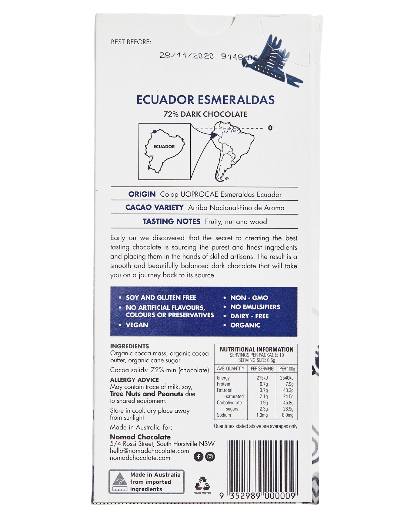 Buy Nomad Chocolate Ecuador Esmeraldas 72% Dark Chocolate 85g Online ...